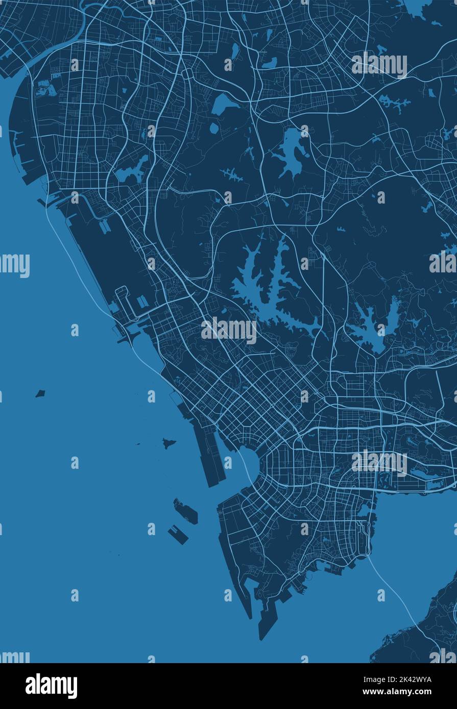 Detailed vector map poster of Shenzhen city administrative area. Blue ...