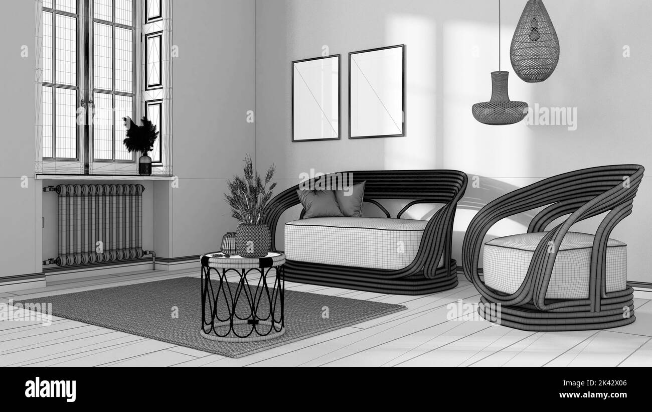 Unfinished project draft, cozy wooden living room, frame mock up ...