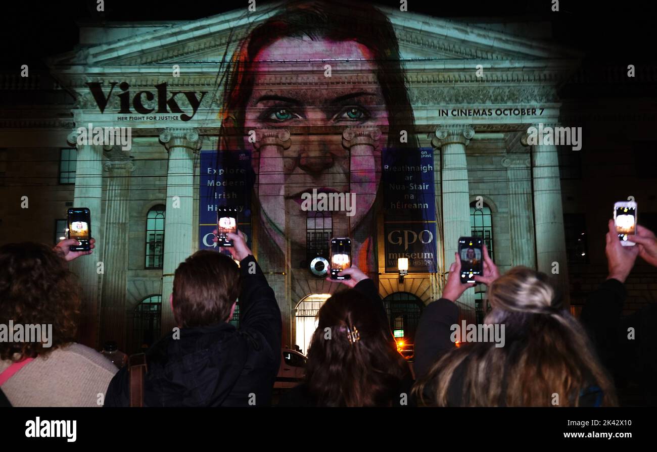 A digital artwork of Vicky Phelan is projected onto the GPO in Dublin ...