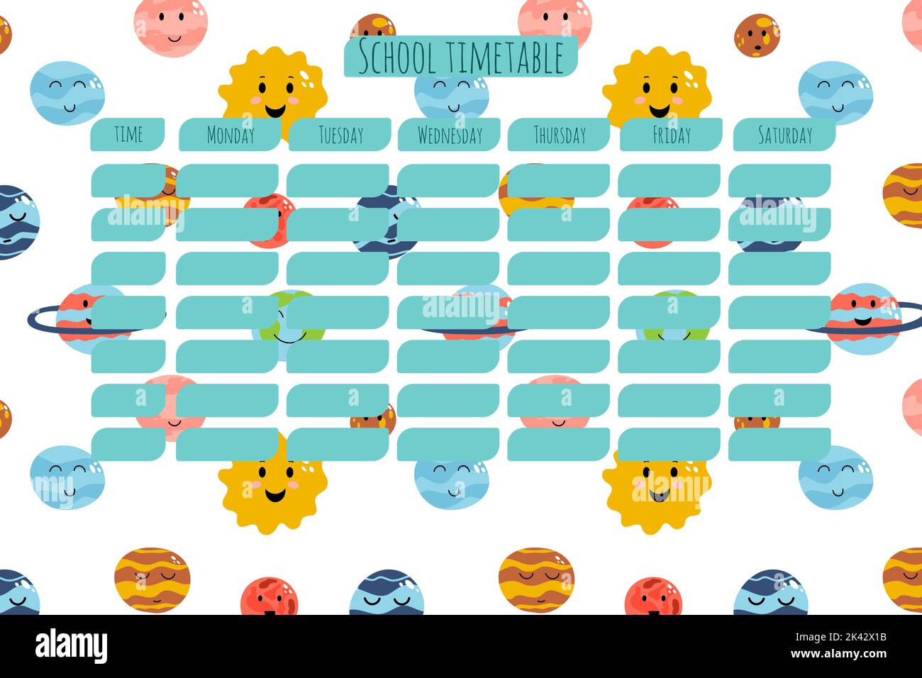 School timetable for kids with space planets in cartoon childish style ...