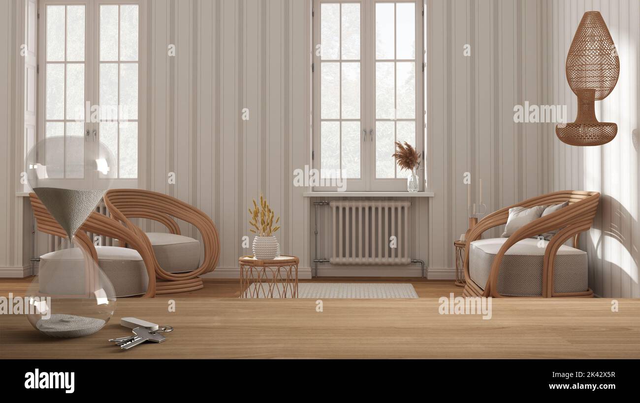 Wooden table, desk or shelf with crystal modern hourglass measuring ...