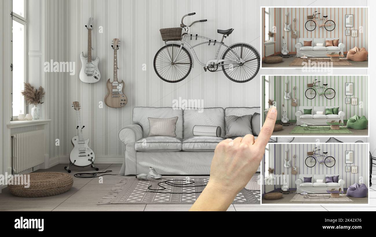 Architect designer concept, hand showing scandinavian colored living ...