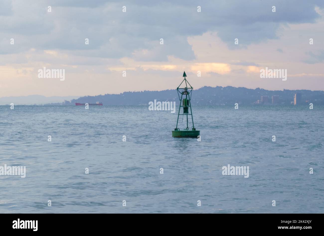 A buoy in the sea, in the background cargo ships and the coast. Water ...