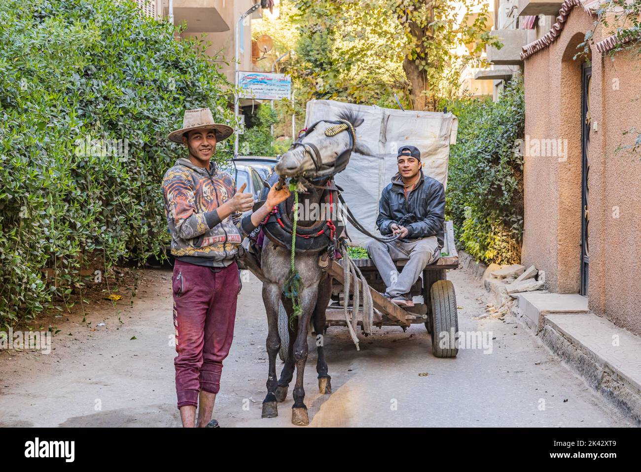 Old Cairo, Cairo, Egypt. February 11, 2022. Two young men delivering ...