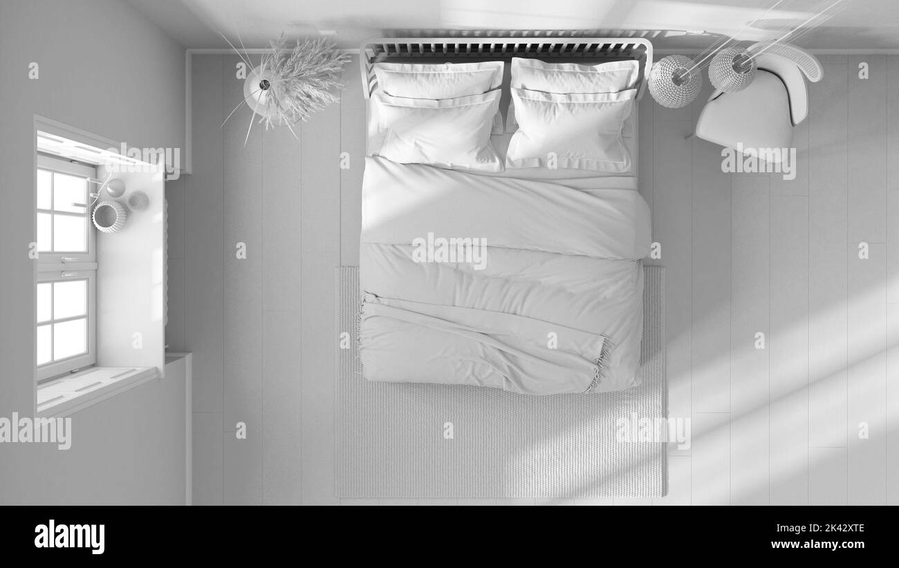 Total white project draft, scandinavian wooden bedroom, double bed with ...