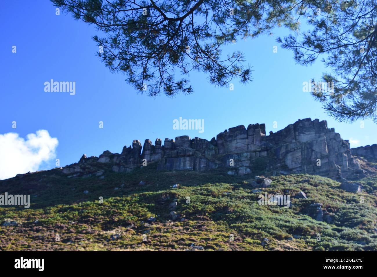 Blue sky and sunlight bathed the Roaches rocks and surrounding ...
