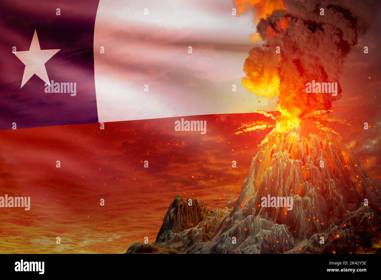 stratovolcano blast eruption at night with explosion on Chile flag ...