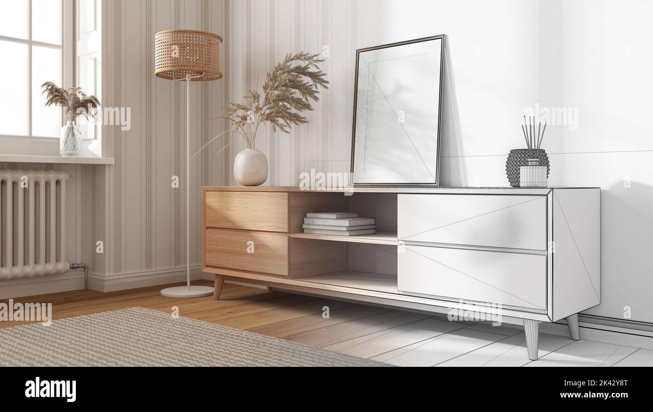 Architect interior designer concept: hand-drawn draft unfinished ...