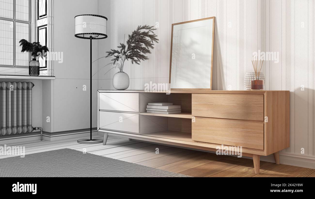 Architect interior designer concept: hand-drawn draft unfinished ...