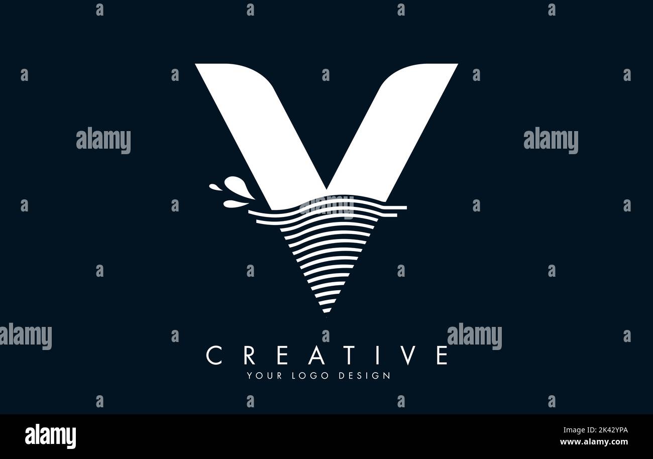 White V Letter Logo with Waves and Water Drops Design Vector ...
