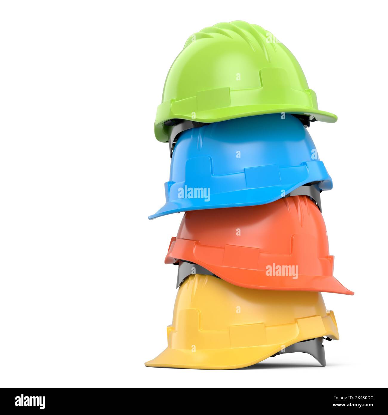 Stack of safety helmets or hard caps on white background. 3d render and ...