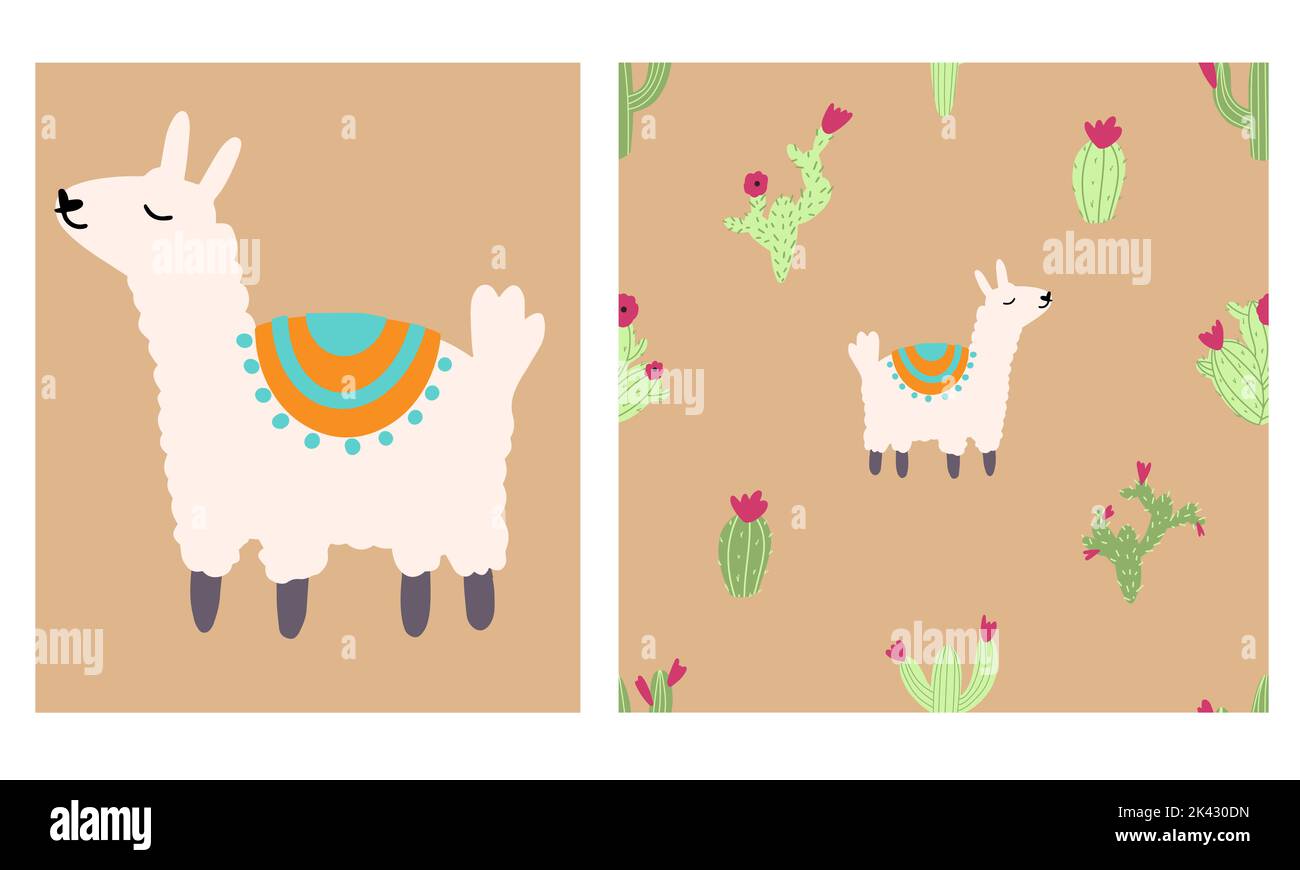 Lama alpaca seamless pattern with cactus. Vector illustration of ...