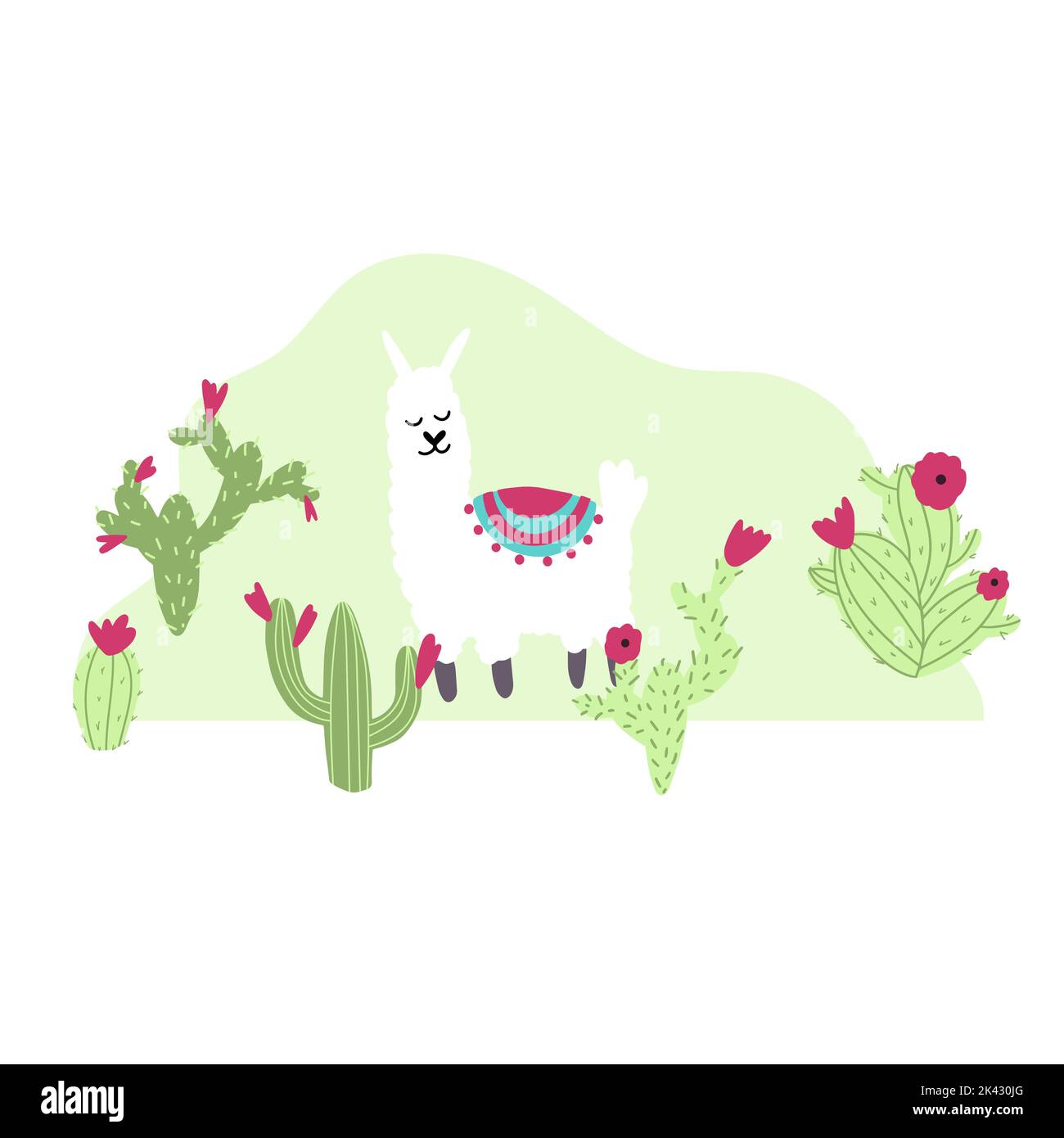Vector cute lama with cactus in cartoon hand drawn childish style ...