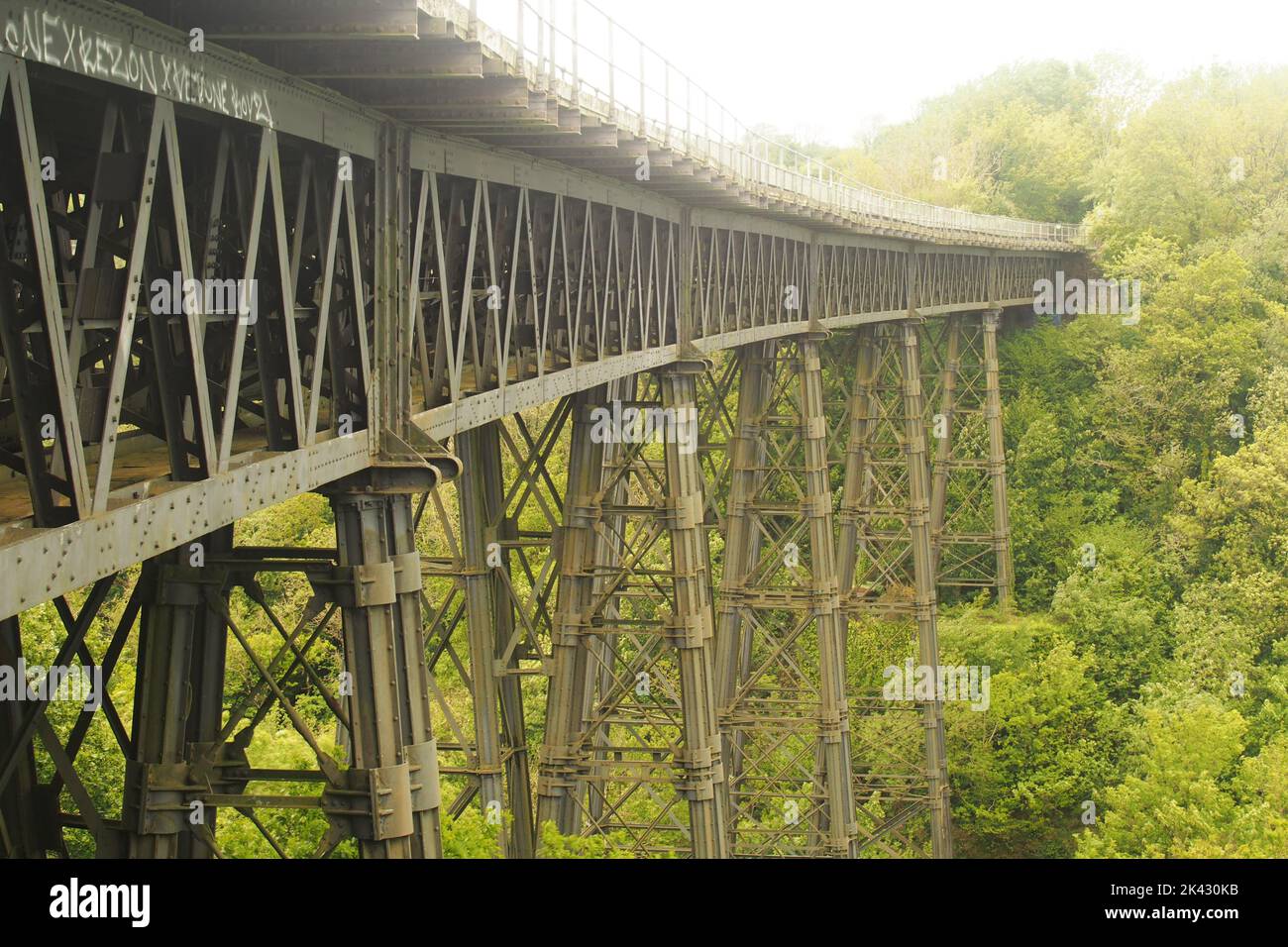 A view looking up to, from below, the Meldon Viaduct, showing the ...