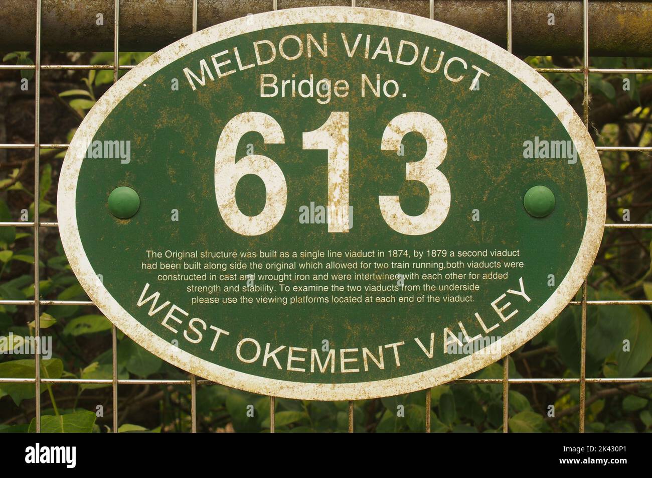 A close up of the information sign of the Meldon viaduct, bridge number ...