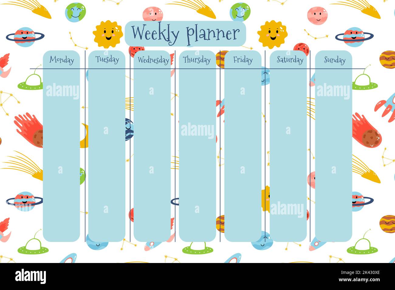 Weekly planner for kids with planets, space elements, rocket, meteorite ...