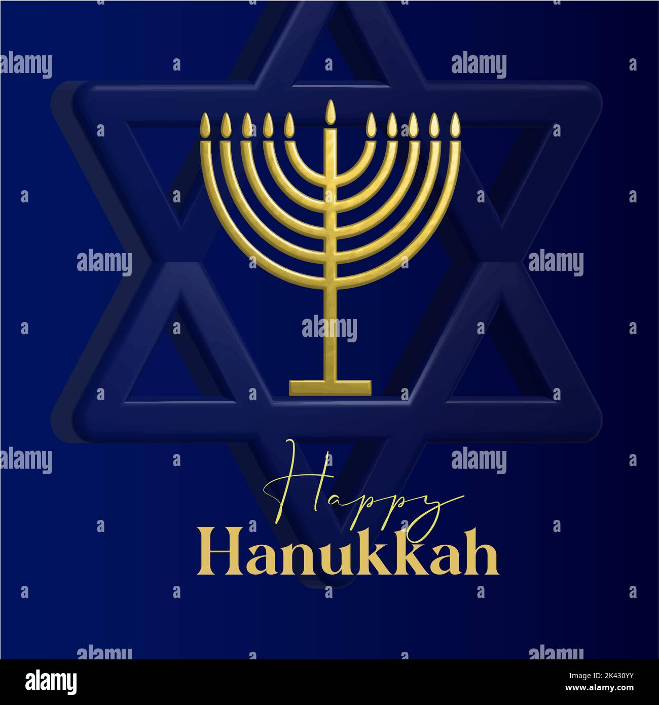 Happy Hanukkah card design with gold symbols on blue color background ...