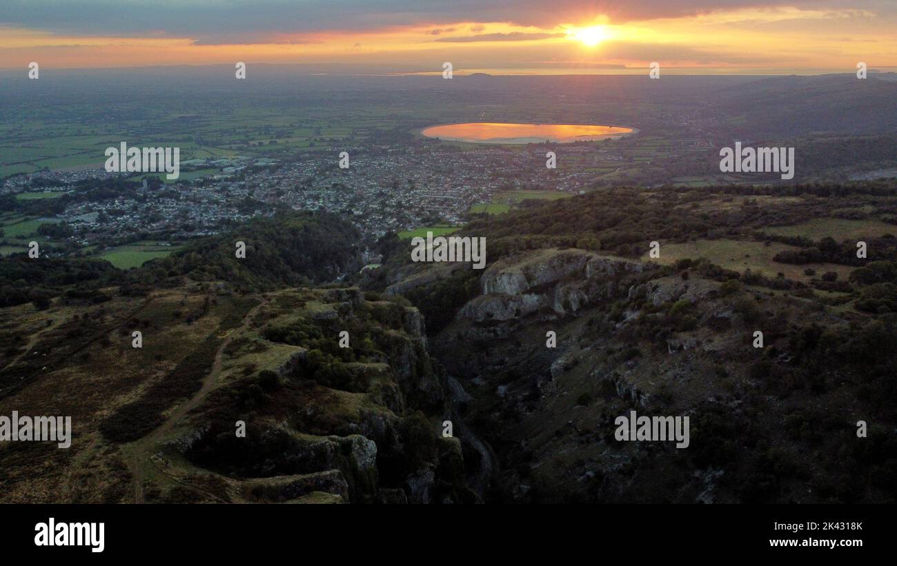 An aerial view of Cheddar Gorge and Reservoir, Somerset at sunset Stock ...