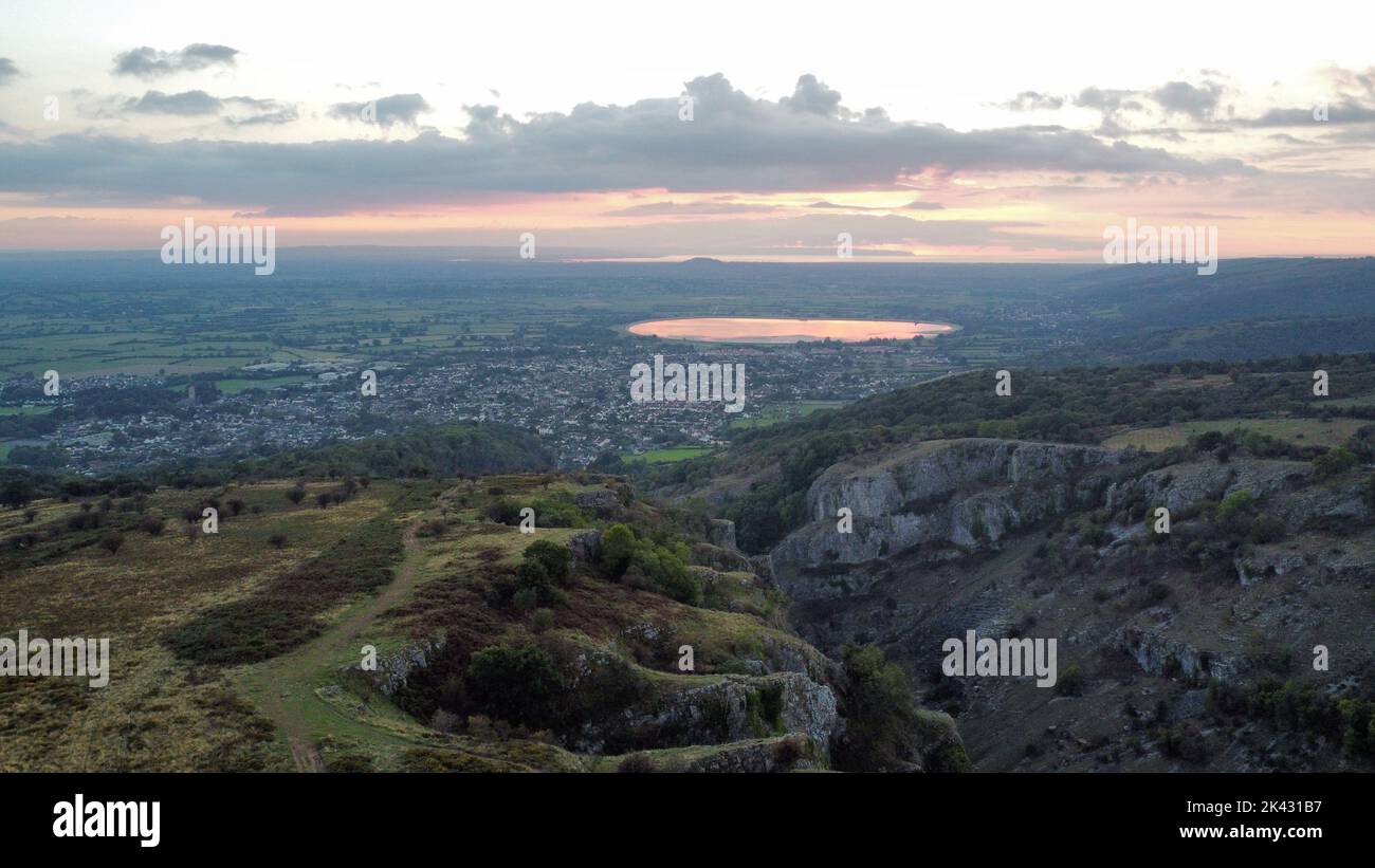 An aerial view of Cheddar Gorge and Reservoir, Somerset at sunset Stock ...