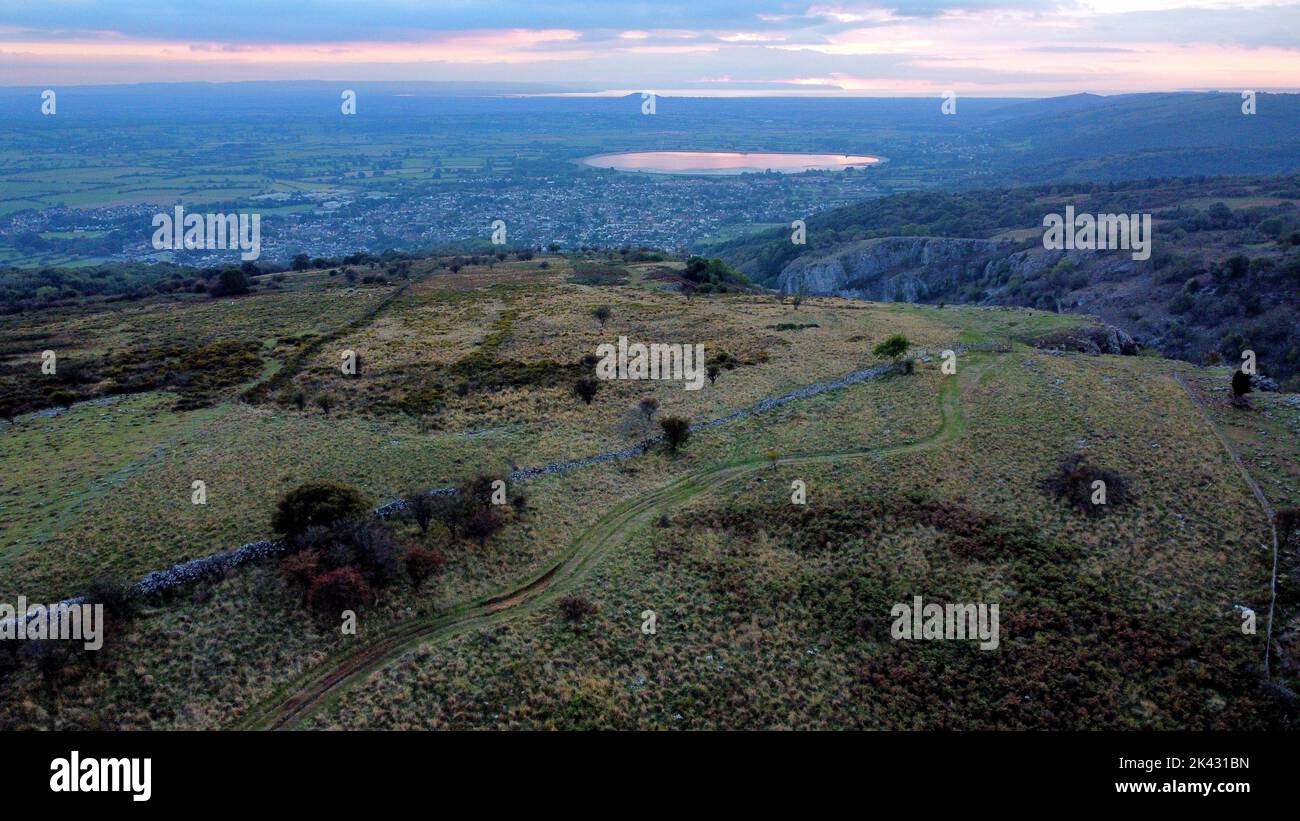 An aerial view of Cheddar Gorge and Reservoir, Somerset at sunset Stock ...