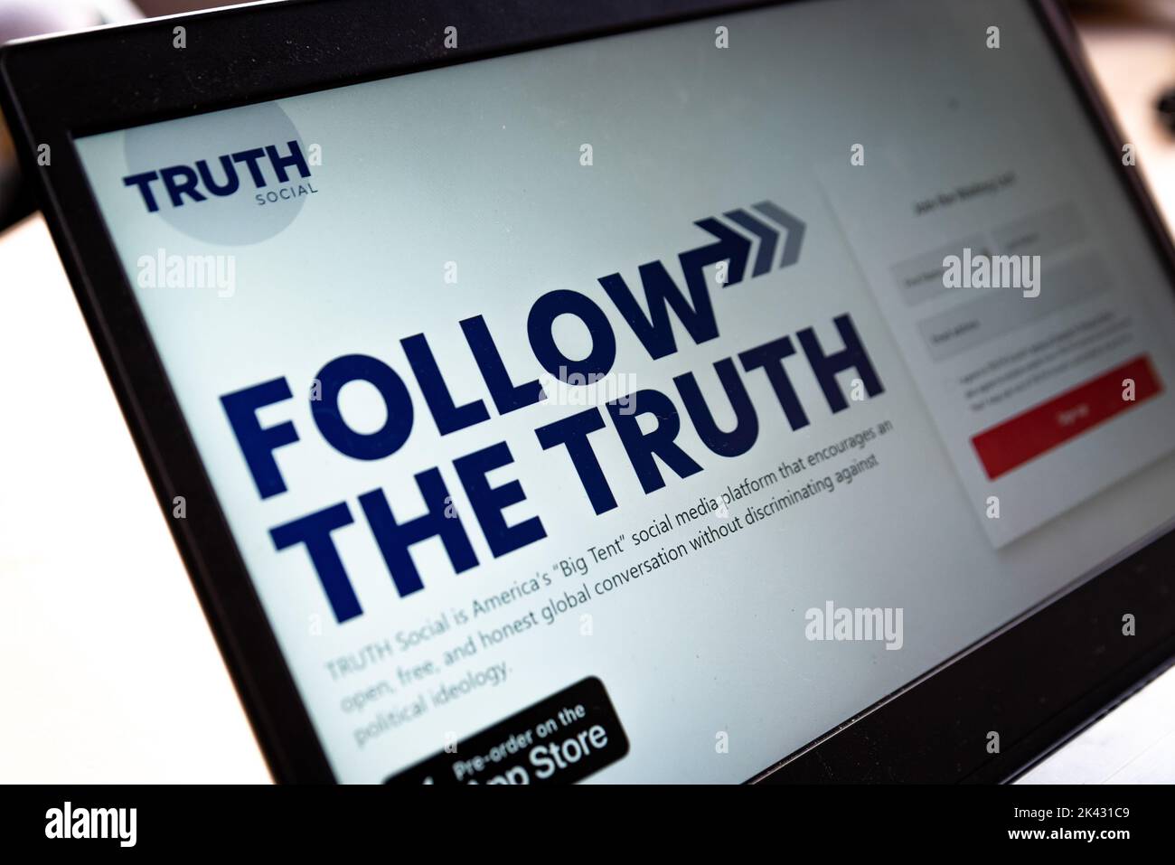 In this photo illustration, the homepage of the new "Truth Social", a ...