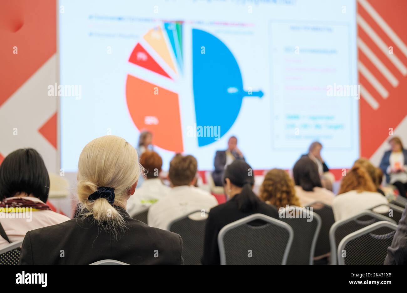 Group of people watching presentation on large screen Stock Photo - Alamy