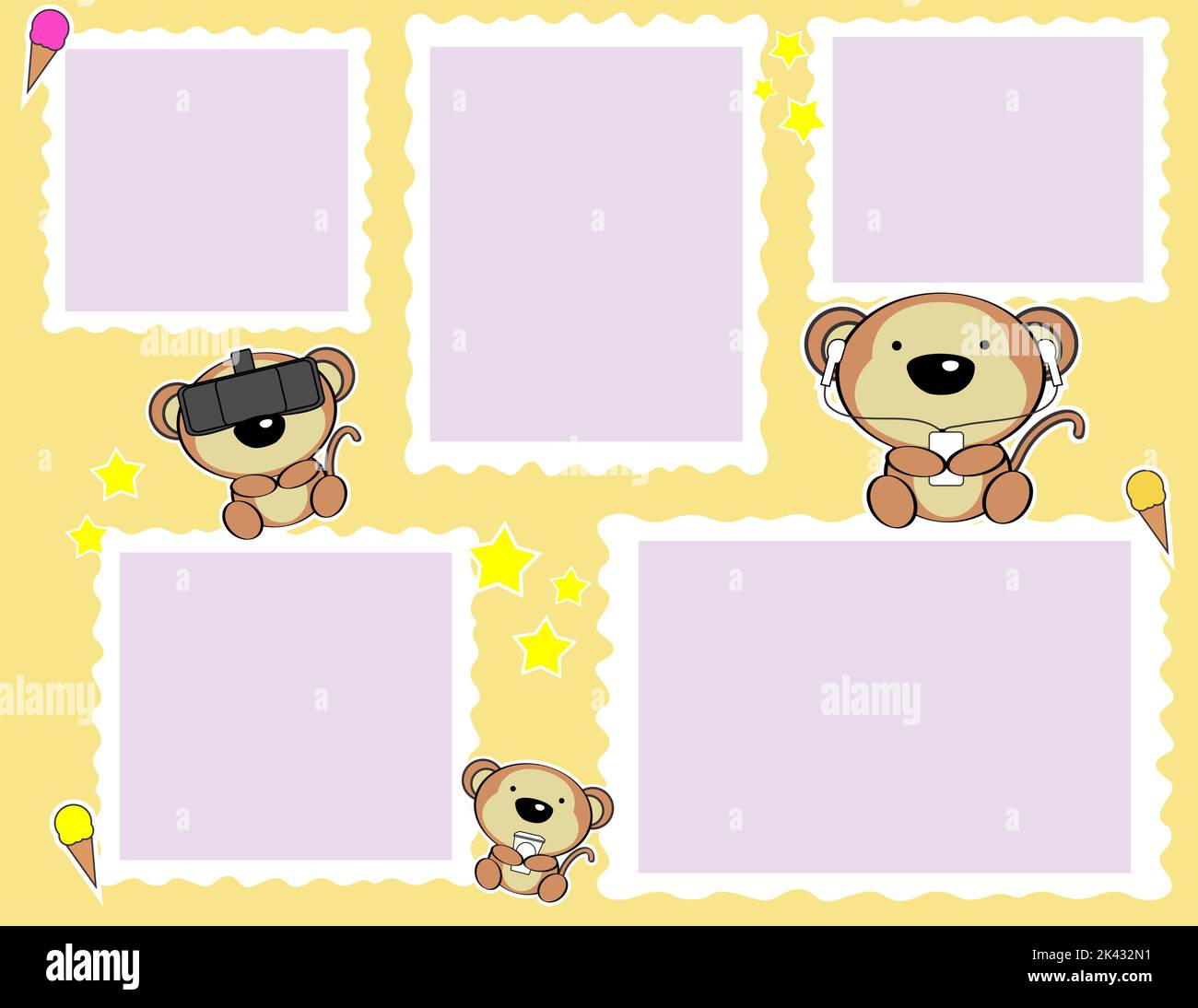photo album cartoon illustration background. cute baby monkey, vector ...