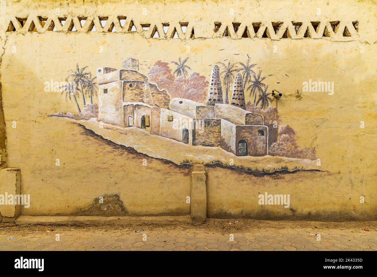 Faiyum, Egypt. February 19, 2022. Wall decorated with murals in the ...