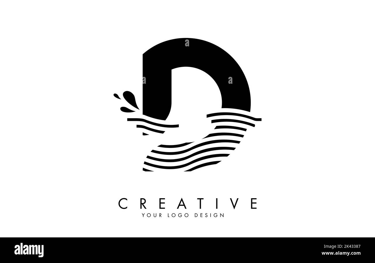 Black D Letter Logo with Waves and Water Drops Design Vector ...