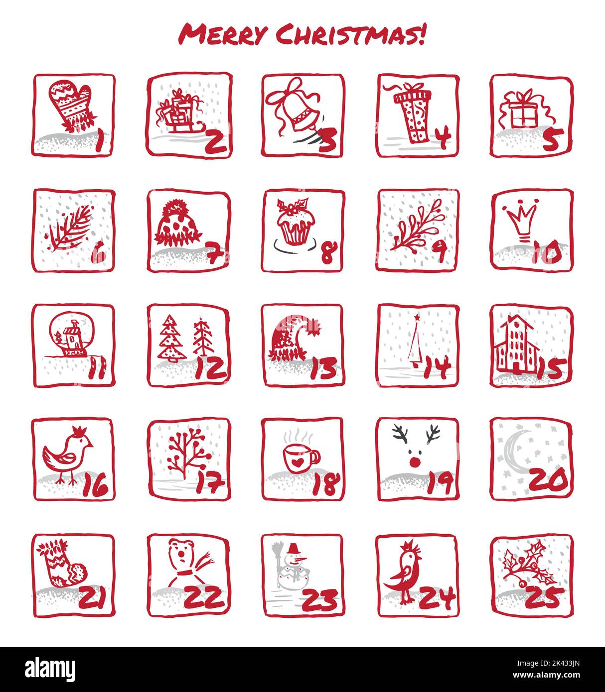 Advent Calendar 25 days of Christmas. Set icons are drawn by hand, ink ...