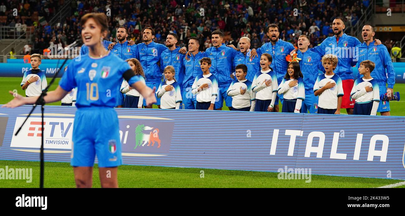 Italy team as Opera singer Carly Paoli in a full Italy kit sings the ...