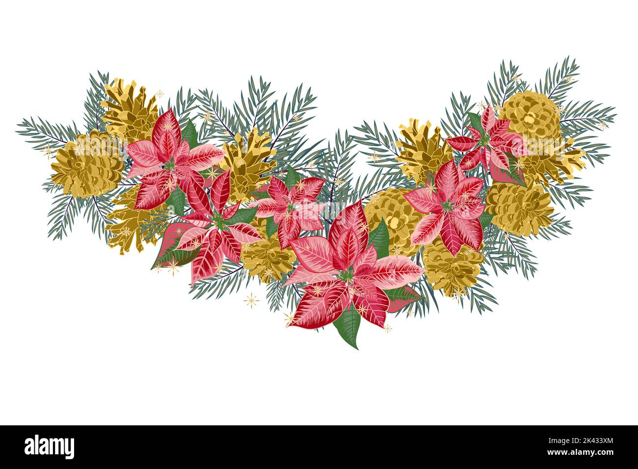Vintage Christmas garland with golden pine cones and pink poinsettia ...