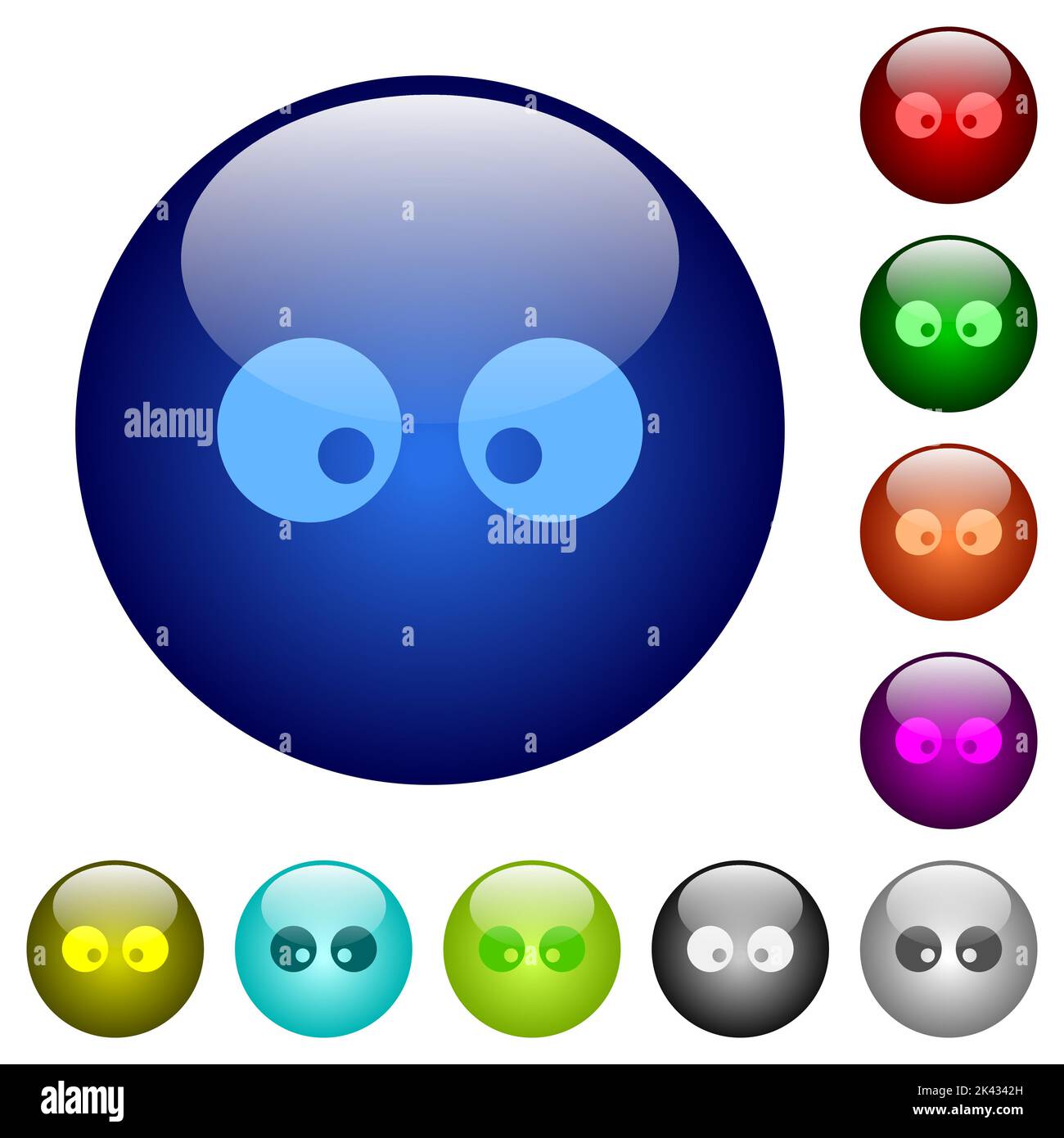 Watching eyes solid icons on round glass buttons in multiple colors. Arranged layer structure ...