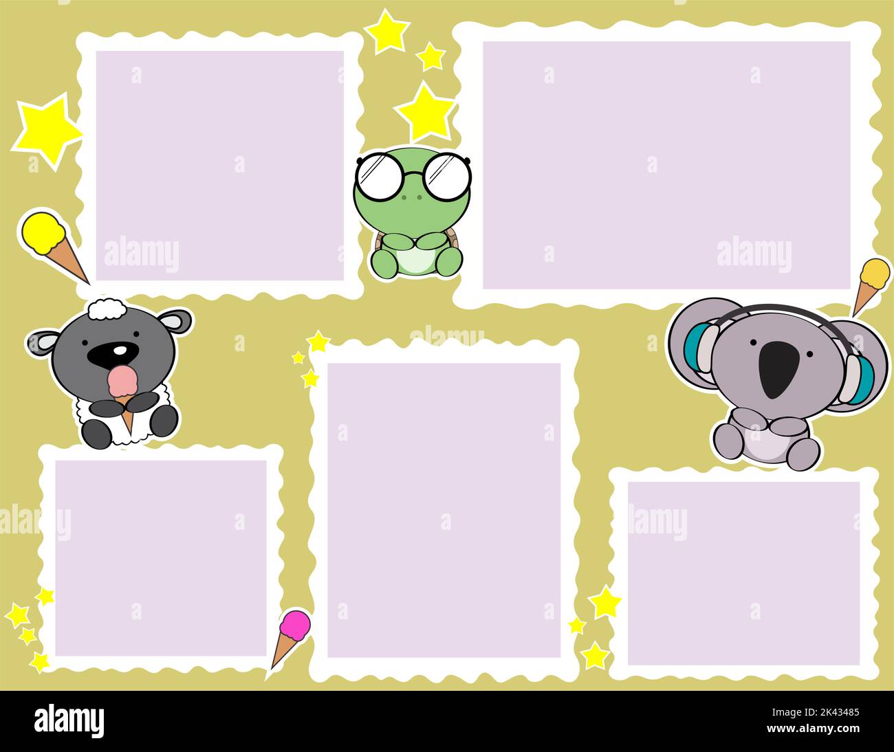 photo album cartoon illustration background. cute baby animals, vector ...