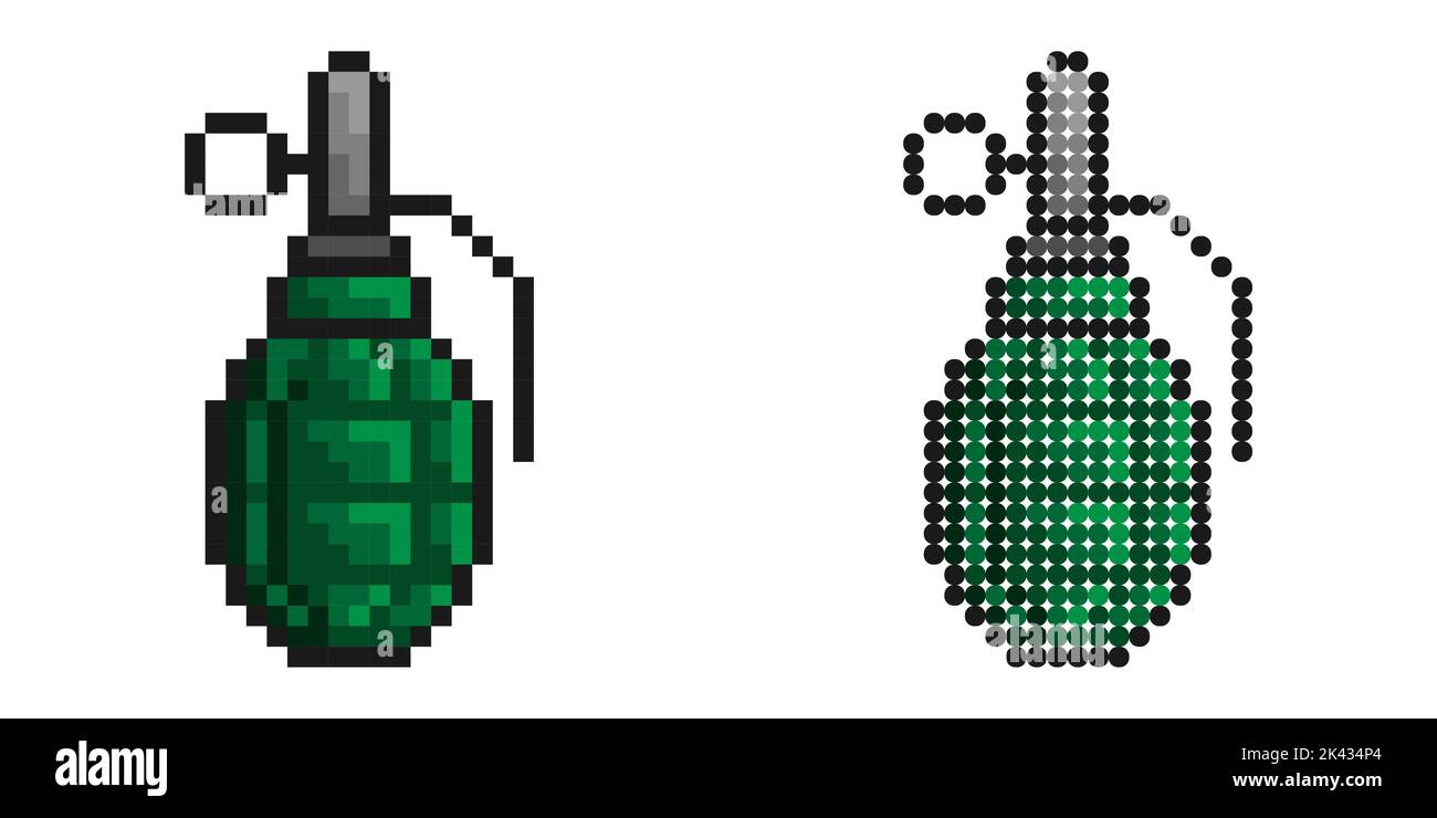 Pixel icon. Combat hand fragmentation ribbed grenade with cube. Simple ...