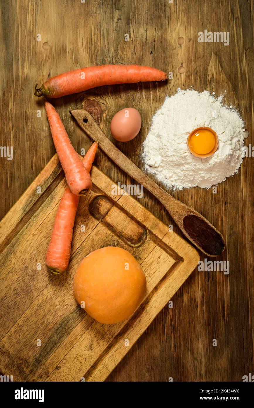 Ingredients ready on the table to make pasta of different flavors Stock ...