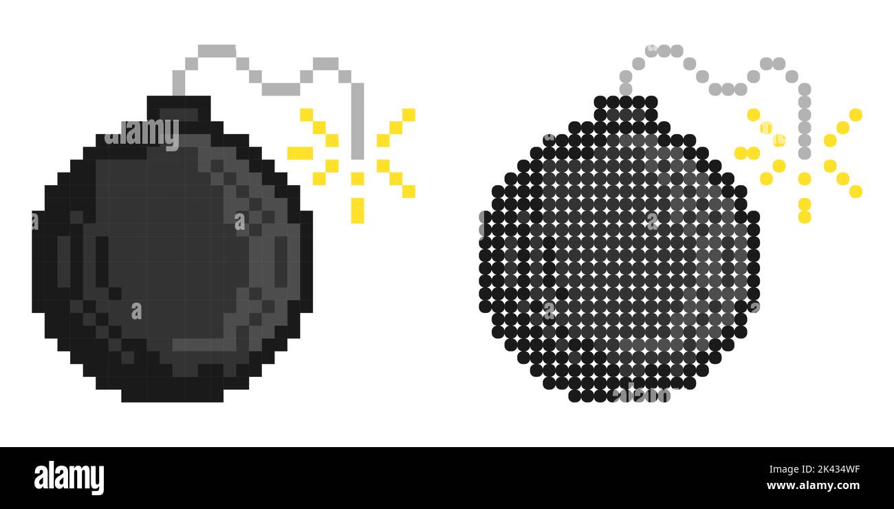 Pixel icon. Metallic round bomb with wick. Offensive and defensive ...