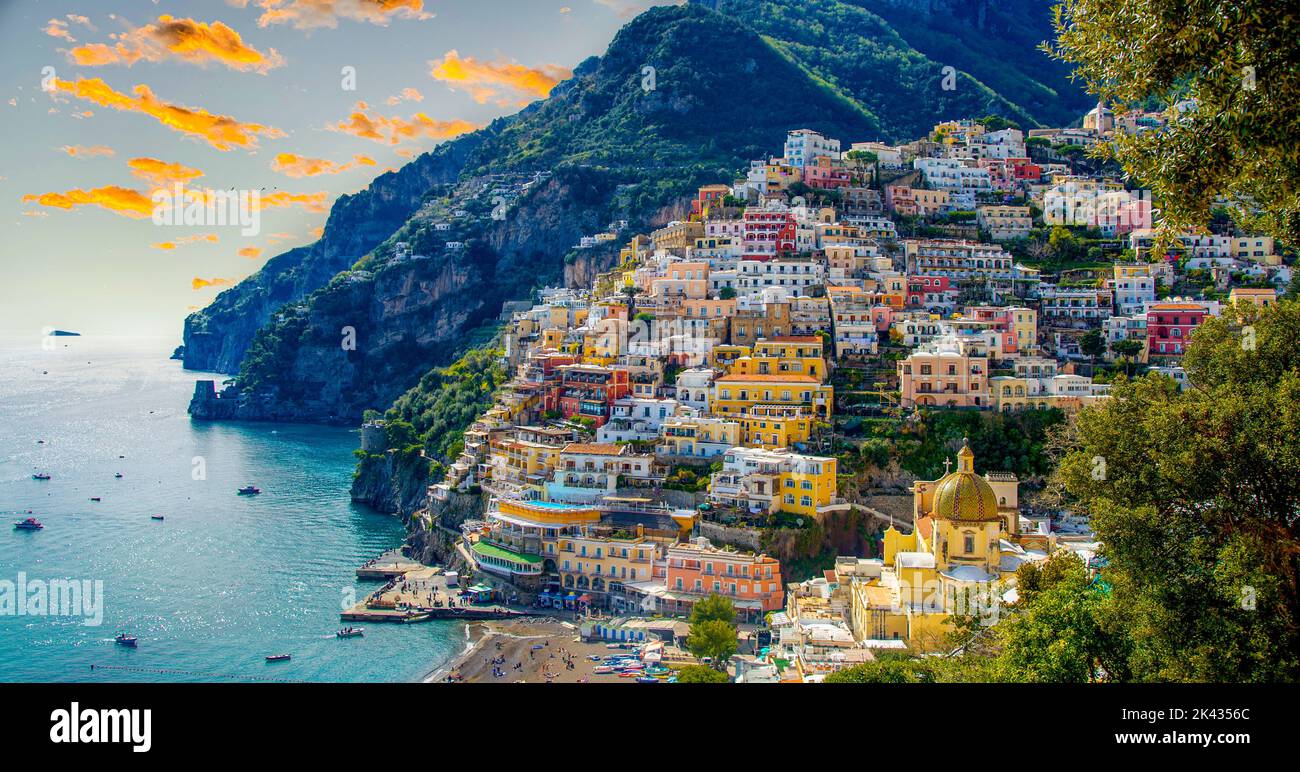Aerial view of Positano in Italy with a spectacular background of ...