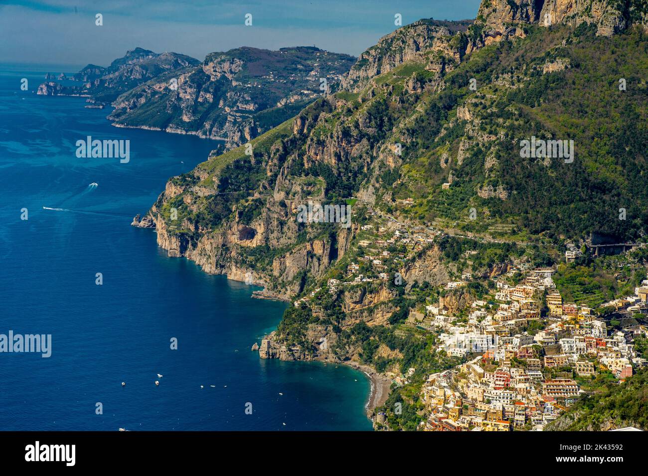 Aerial view of Positano in Italy with a spectacular background of blue ...