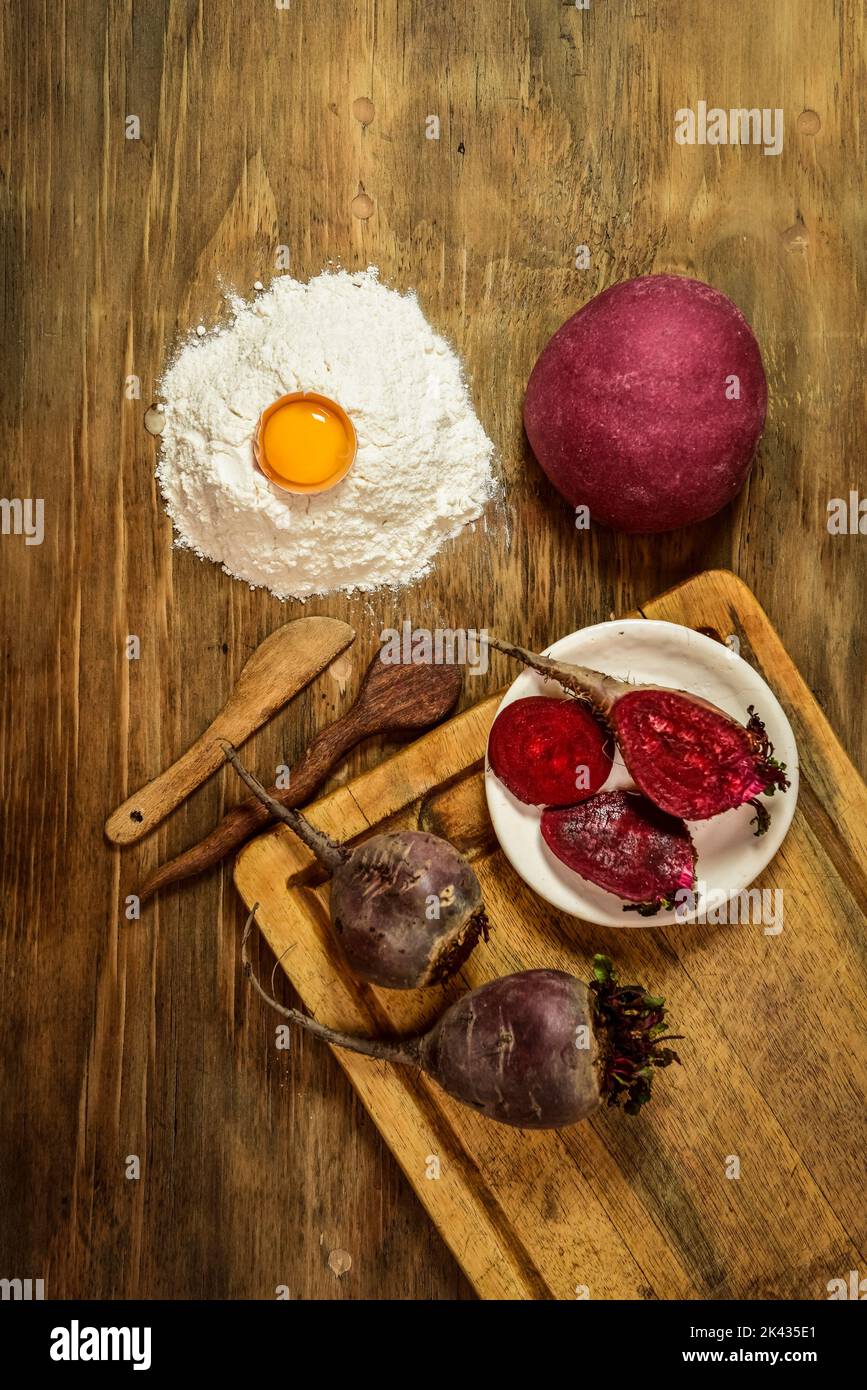 Ingredients ready on the table to make pasta of different flavors Stock ...
