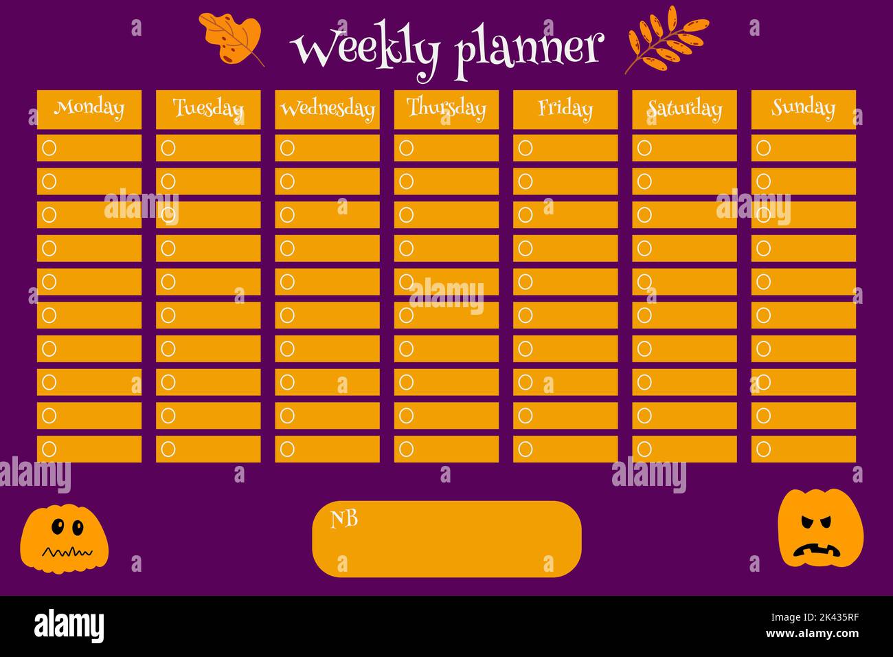 Weekly planner kids template with pumpkin and leaves. Autumn halloween ...