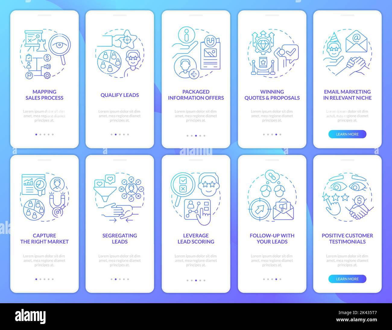 Lead conversion process blue gradient onboarding mobile app screen set ...