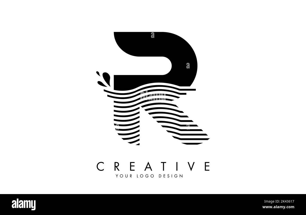 Black R Letter Logo with Waves and Water Drops Design Vector ...