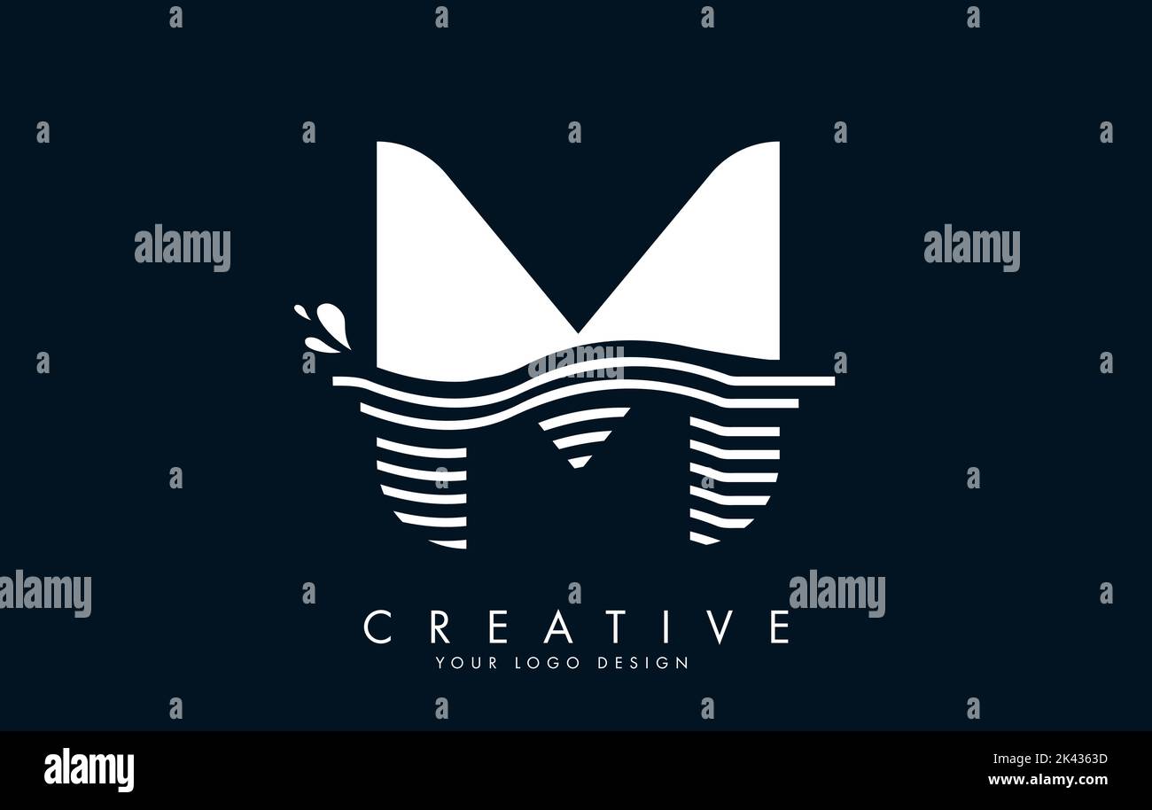 White M Letter Logo with Waves and Water Drops Design Vector ...