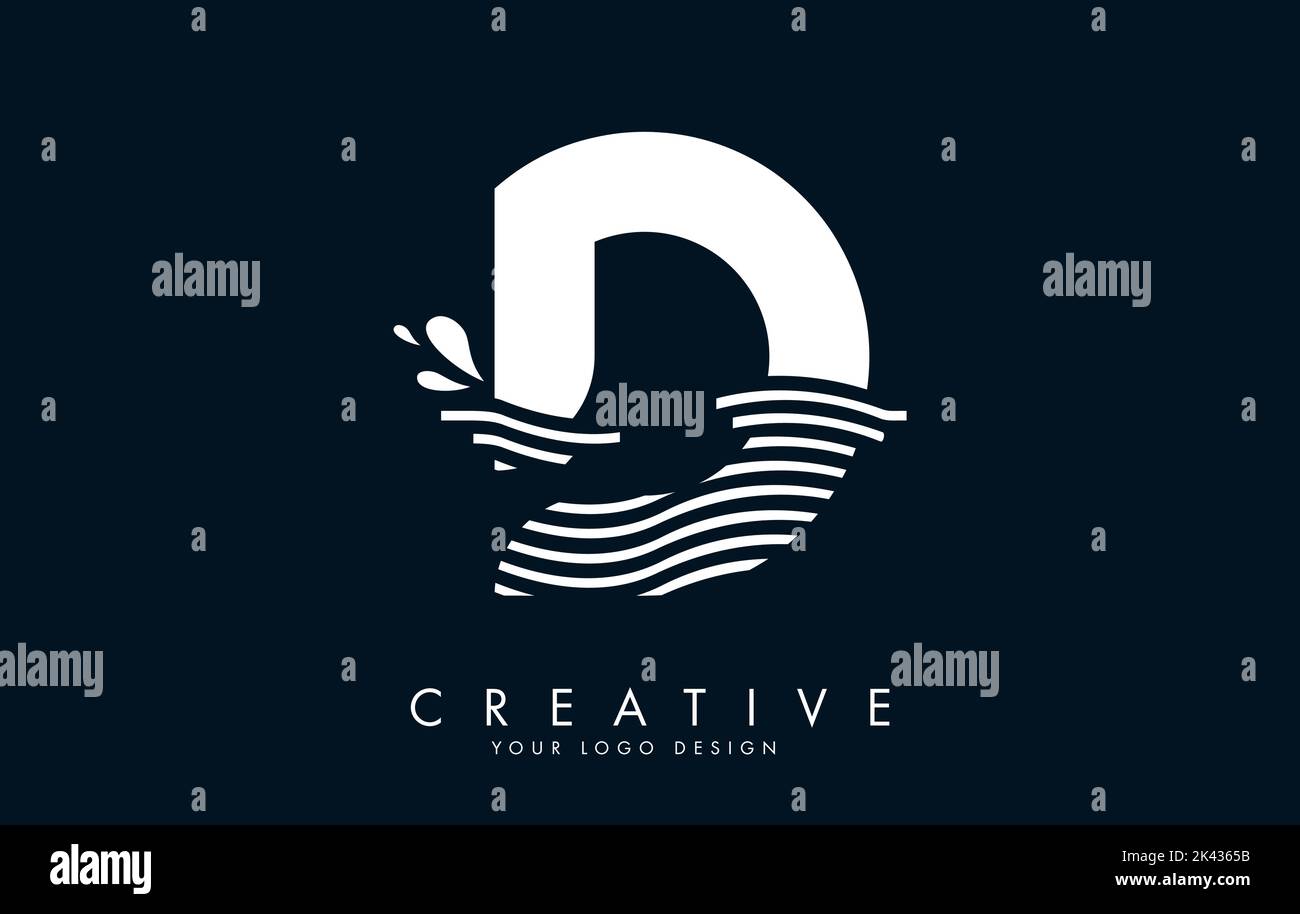 White D Letter Logo with Waves and Water Drops Design Vector ...
