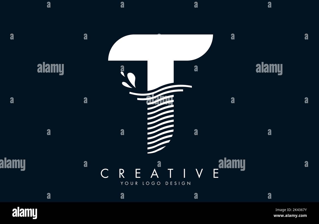 White T Letter Logo with Waves and Water Drops Design Vector ...