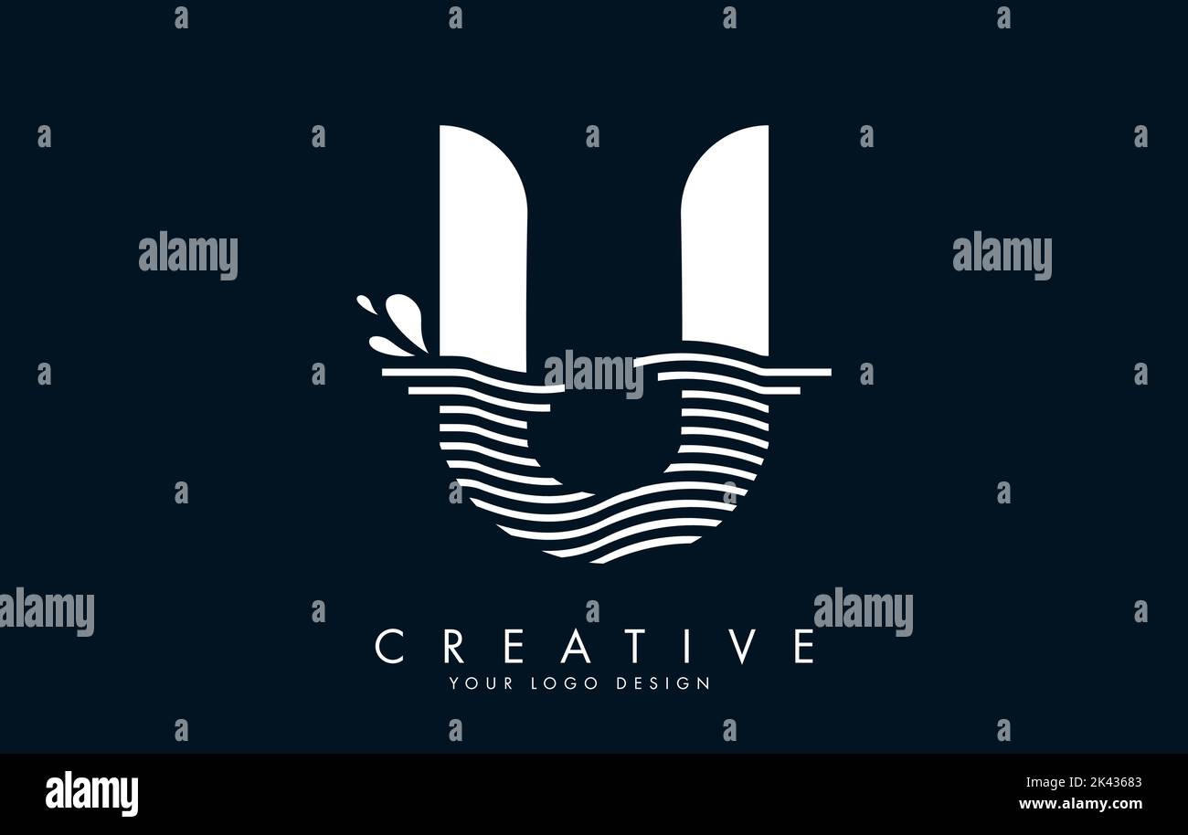 White U Letter Logo with Waves and Water Drops Design Vector ...