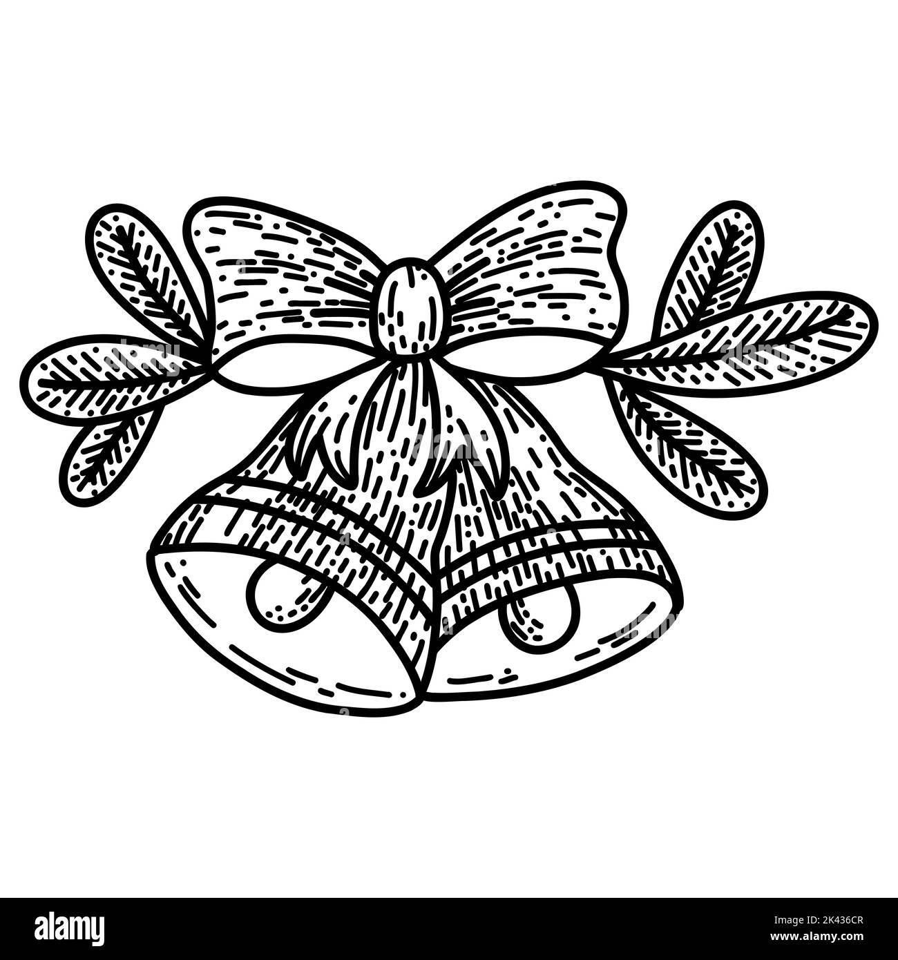 Christmas Hand Drawn Jingle Bells In Cartoon Doodle Style With Ribbons Decorative Bow Spruce