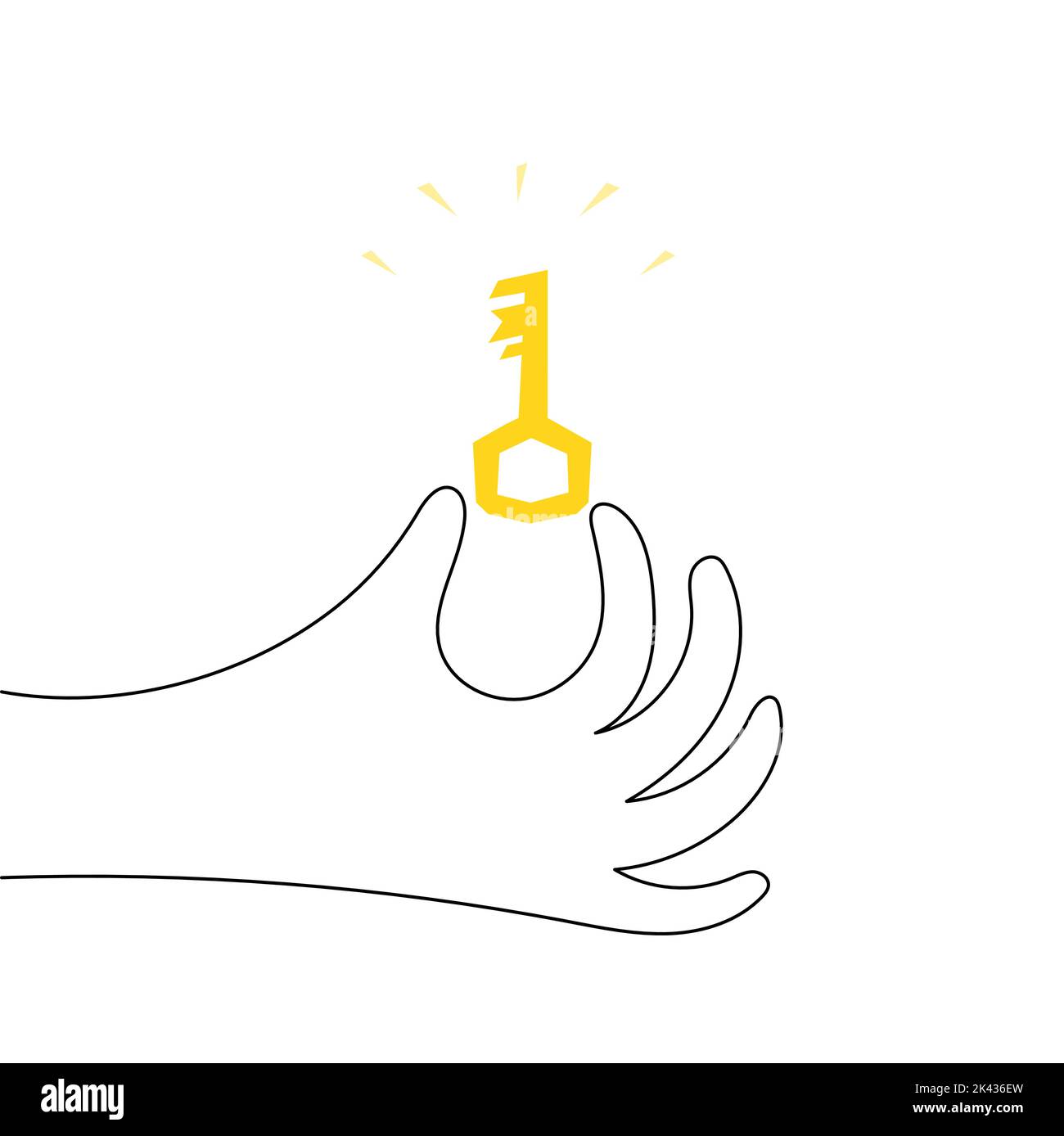 Hand brush palm holds a yellow metal key from the lock with his fingers ...