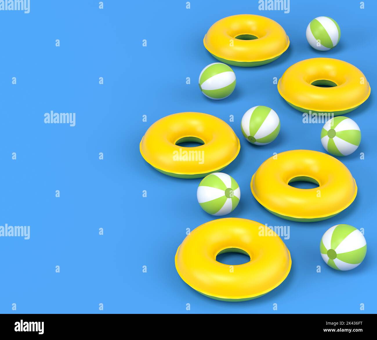 Colorful inflatable rings and balls on blue background. 3D render of ...